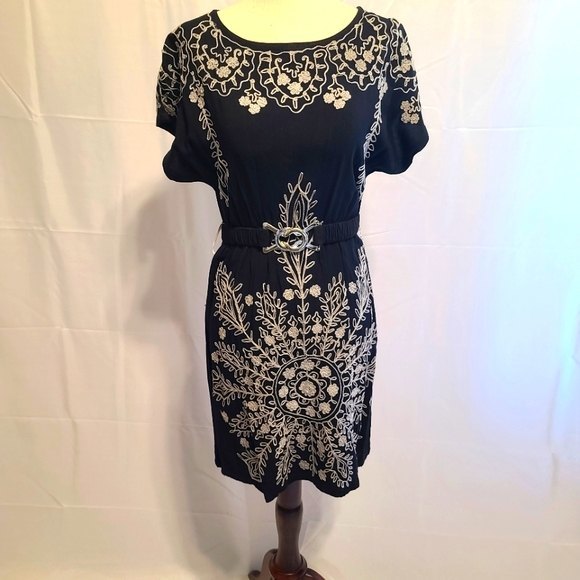 Devi | Dresses | Devi Short Sleeve Blue And Grey Dress With Belt One ...